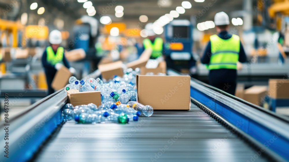 Workers sorting recyclable materials on a conveyor belt in a modern ...