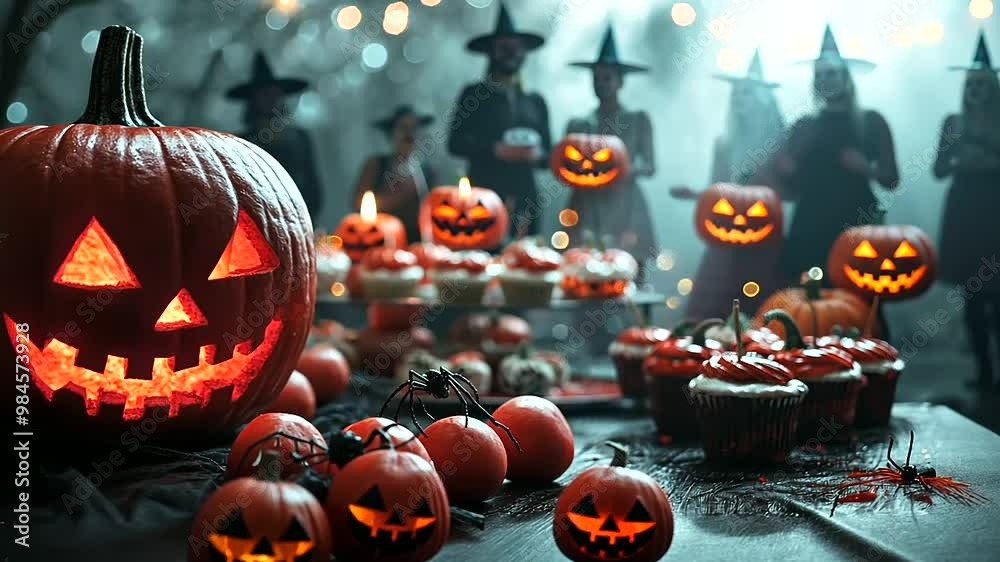 A Halloween party scene with people in various costumes, spooky ...