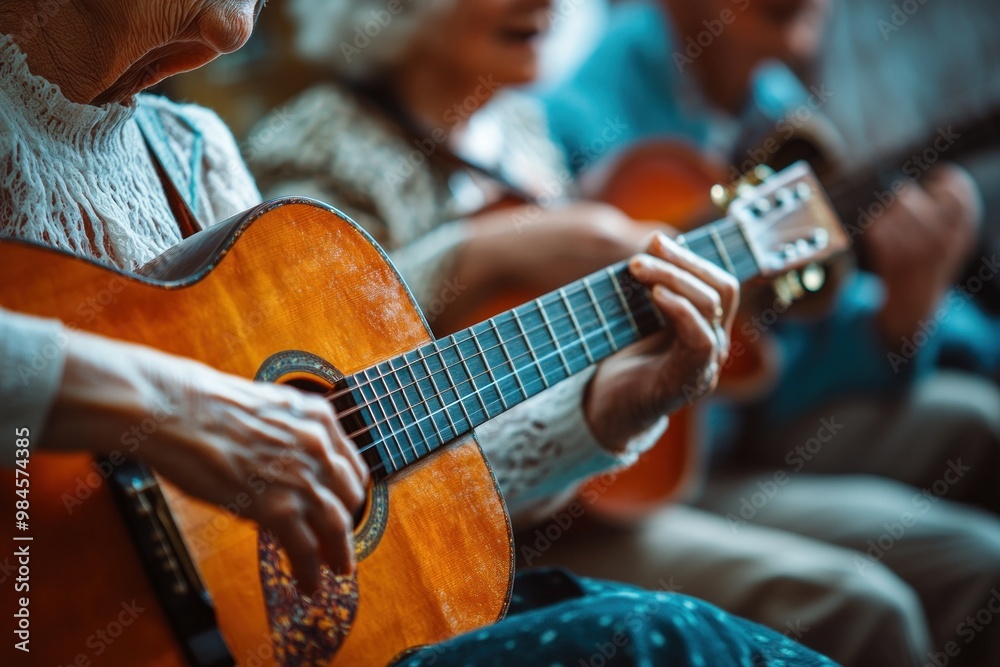 Elderly people playing guitar sing with friends In the living room or ...