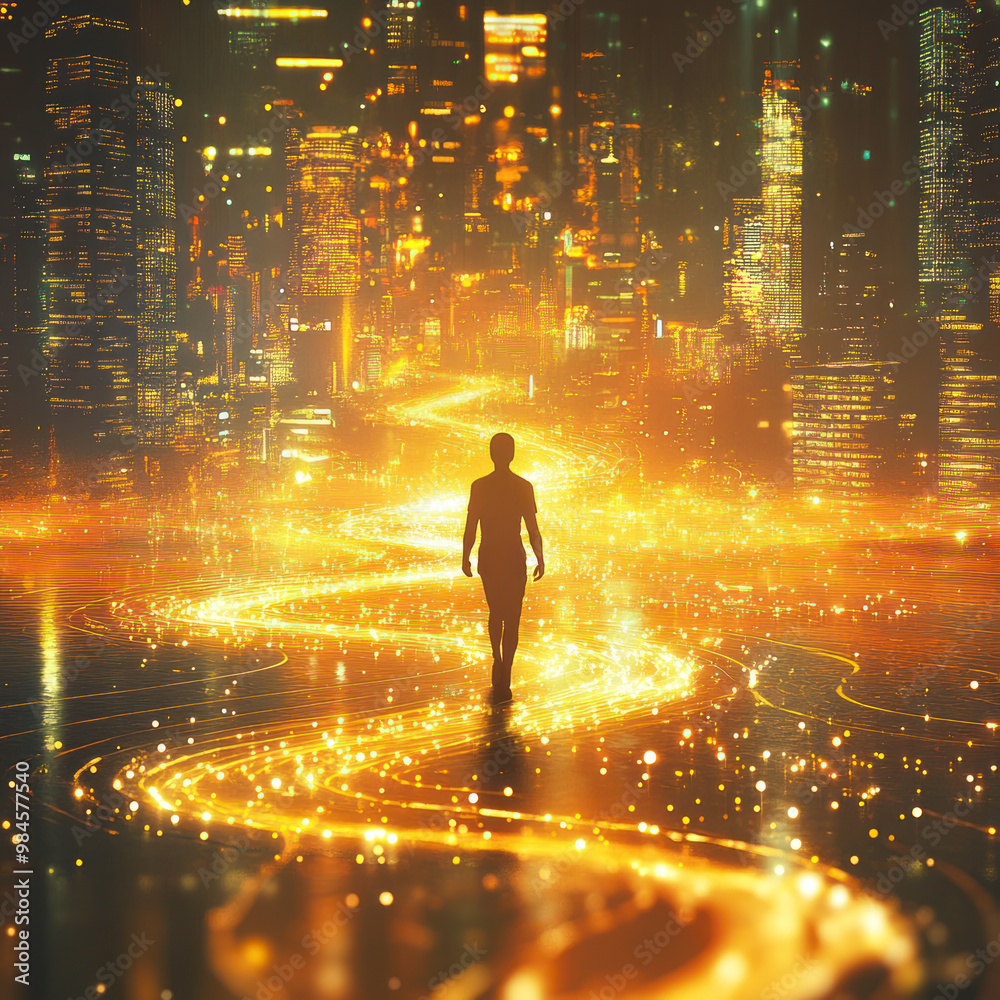 Humans are walking on a bright path of ideas, heading towards the city ...