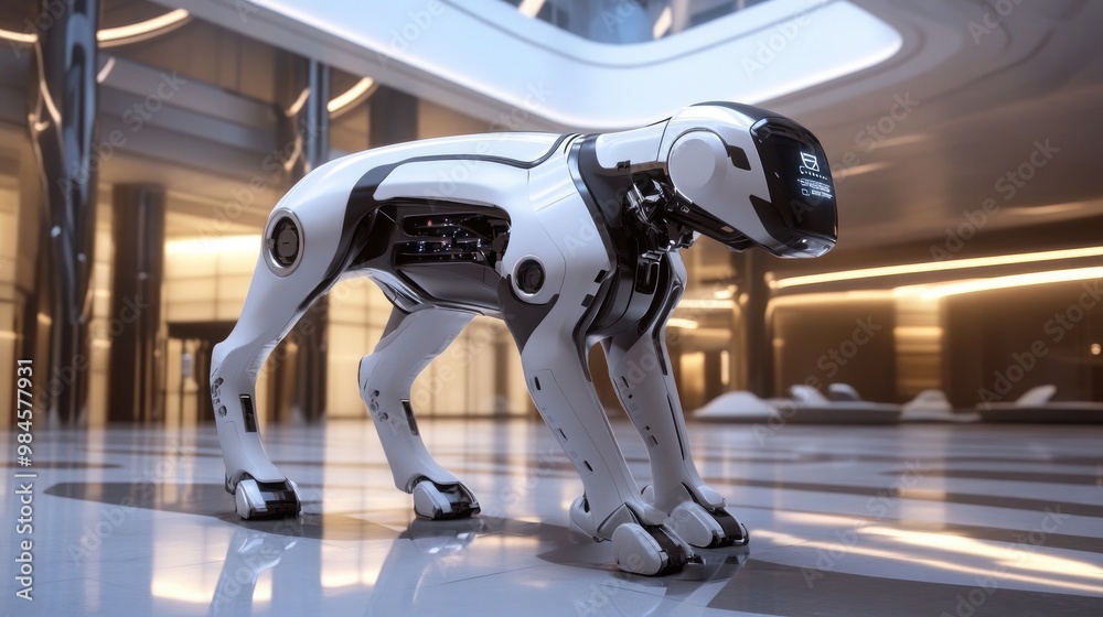 A high-tech dog robot patrolling a futuristic office building, with ...