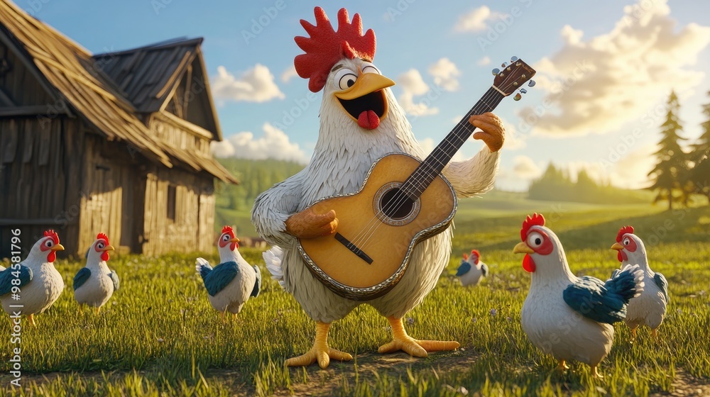 Adorable 3D cartoon rooster playing a guitar, singing to the sunrise in ...