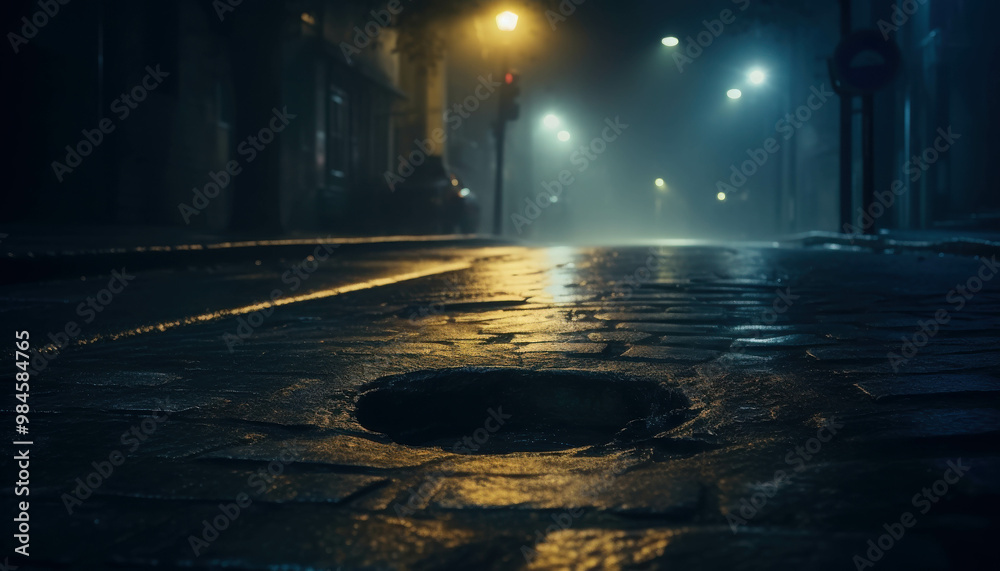 Mysterious Foggy Street: A low-angle perspective captures a deserted ...