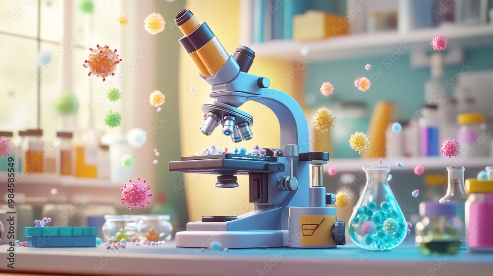 3D cartoon image of a microscope on a lab desk, with cells and bacteria ...