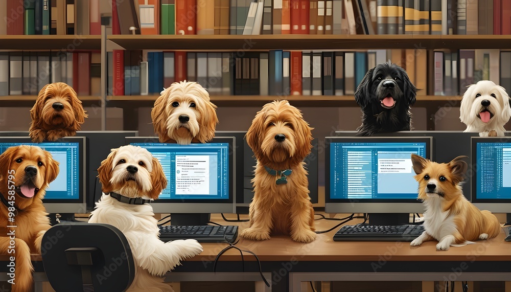 Dogs in a computer lab collaborating on groundbreaking pet apps at ...