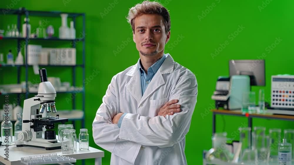 Scientist in lab coat, confidently posing in a state-of-the-art lab ...