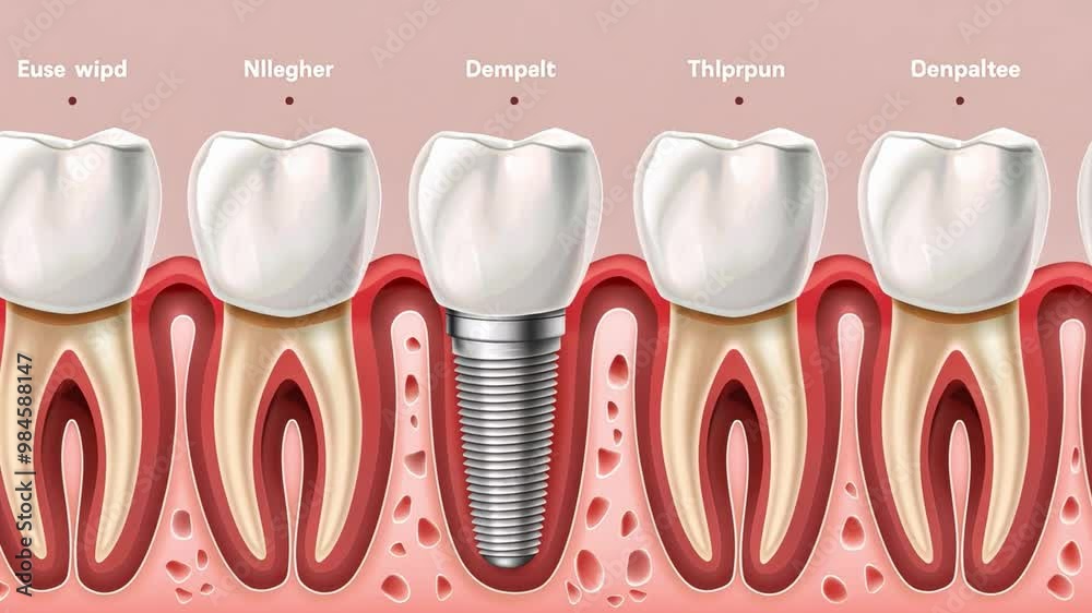 Human dentura anatomy showing healthy teeth and a dental implant, with ...