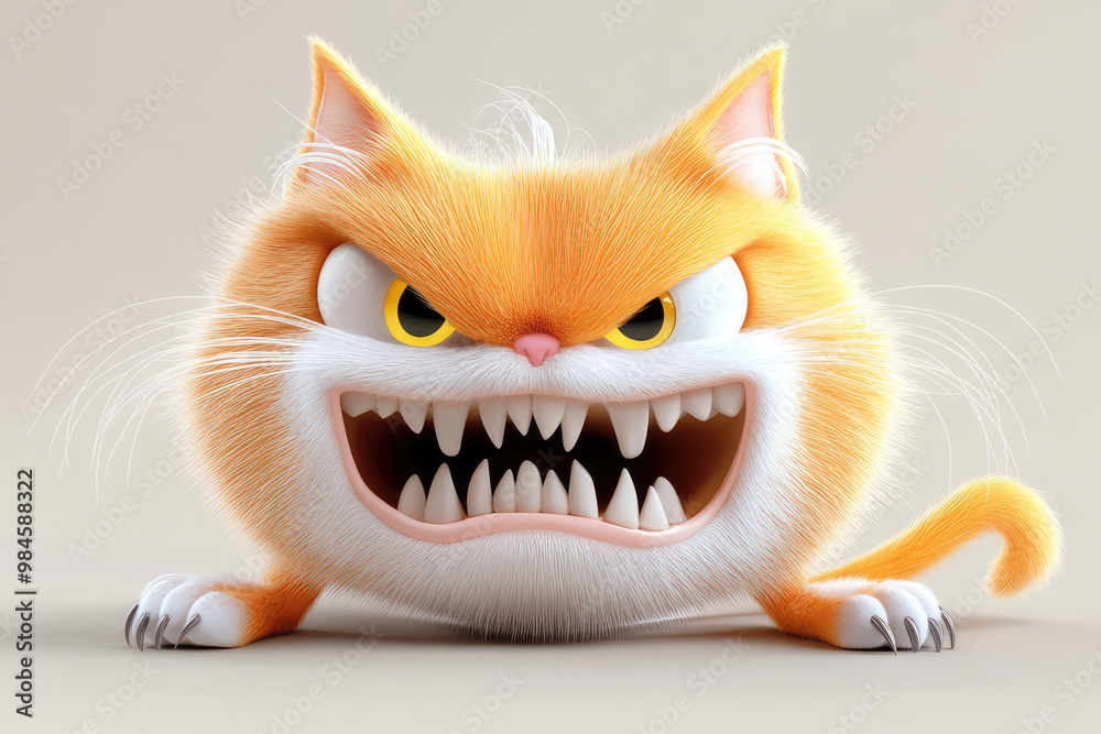 An orange-colored cartoon cat with a fierce expression, sharp teeth ...