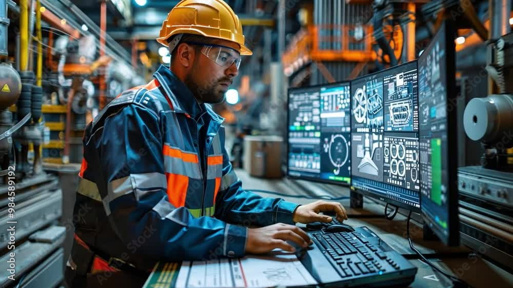 An industrial engineer in a busy factory wearing a hard hat and a high ...