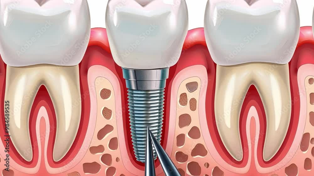 Healthy teeth and dental implant anatomy in human dentura, focusing on ...