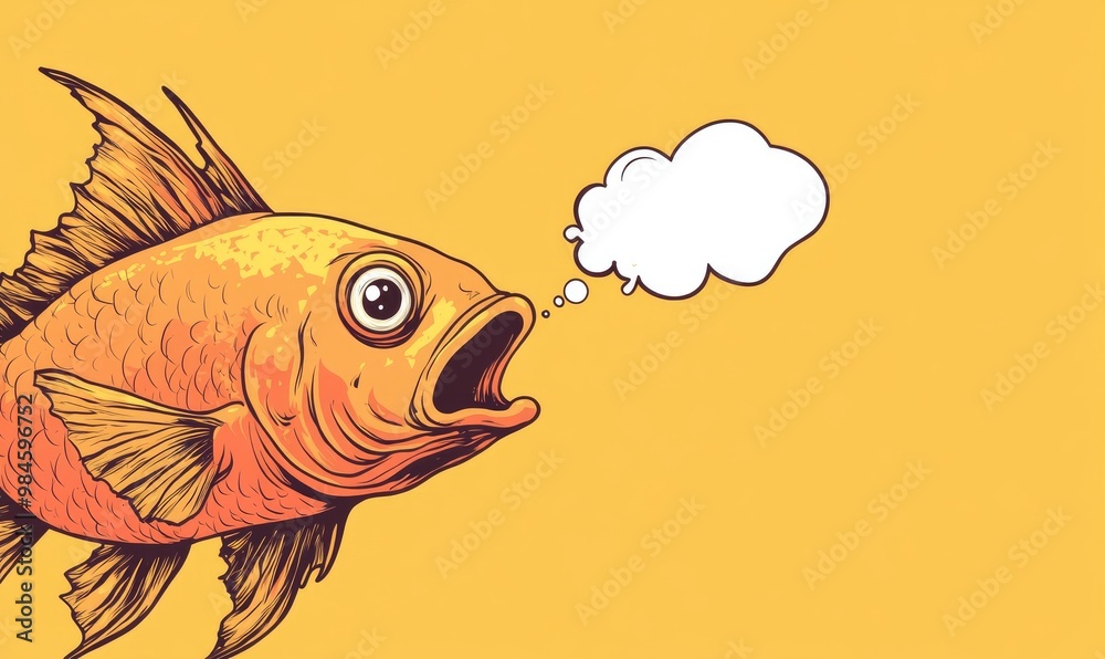 Cartoon illustration of a smelly fish with a thought bubble in a line ...