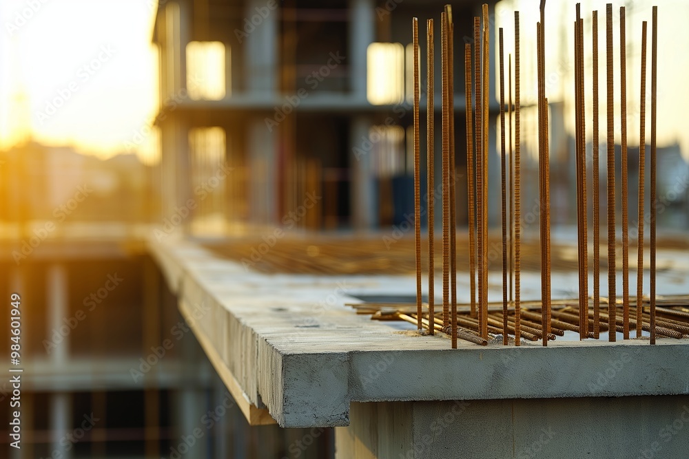 Reinforced concrete at a construction site with protruding rebar ...