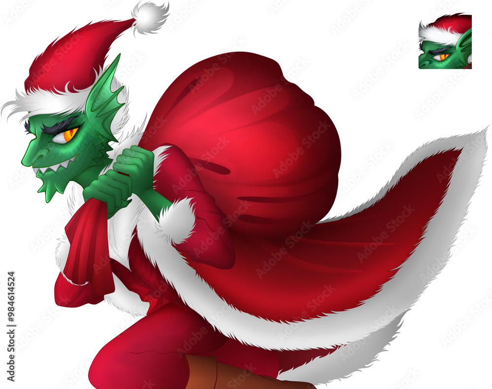 Goblin wearing Santa Claus outfit. Gremlin holding Christmas presents ...