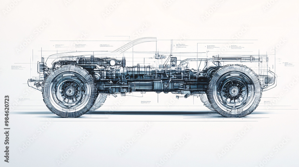 Highly detailed technical sketch of a high-performance vehicle ...
