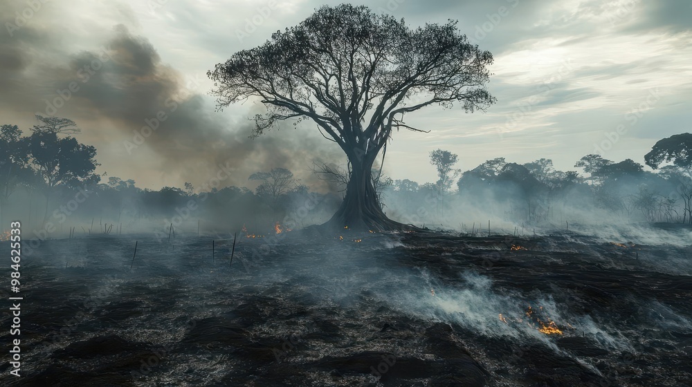 Ancient tree with charred bark in a fireravaged landscape, smoke ...