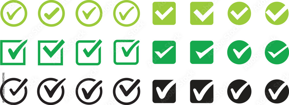 Check marks set. Check mark green vector icons, Simple check marks. Checklist symbols. Approval ...