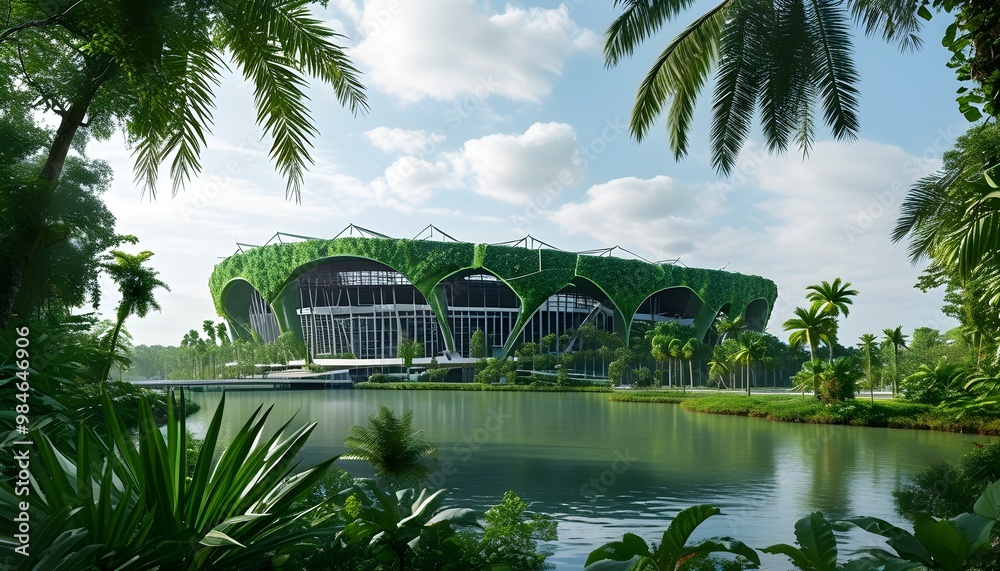 Eco-innovative sports stadium nestled in a lush tropical landscape ...