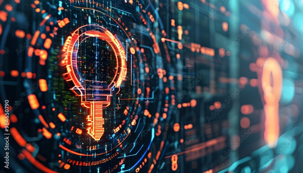 Futuristic digital key symbol over abstract binary code backdrop ...