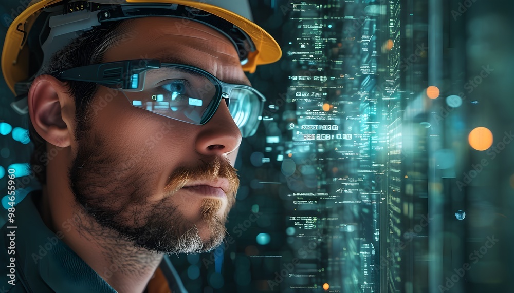 Engineer with digital binary code reflection in glasses showcasing ...