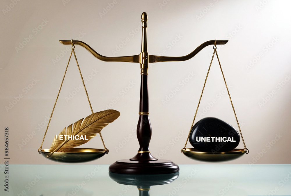 A balance scale with two weights, one labeled "Ethical" and the other ...