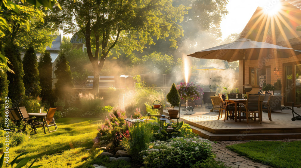 A backyard with a misting system set up along the patio, cooling the ...