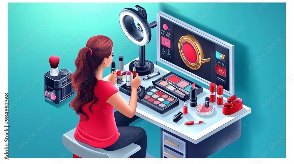 Beauty influencer applying lipstick in front of a camera with a ring ...