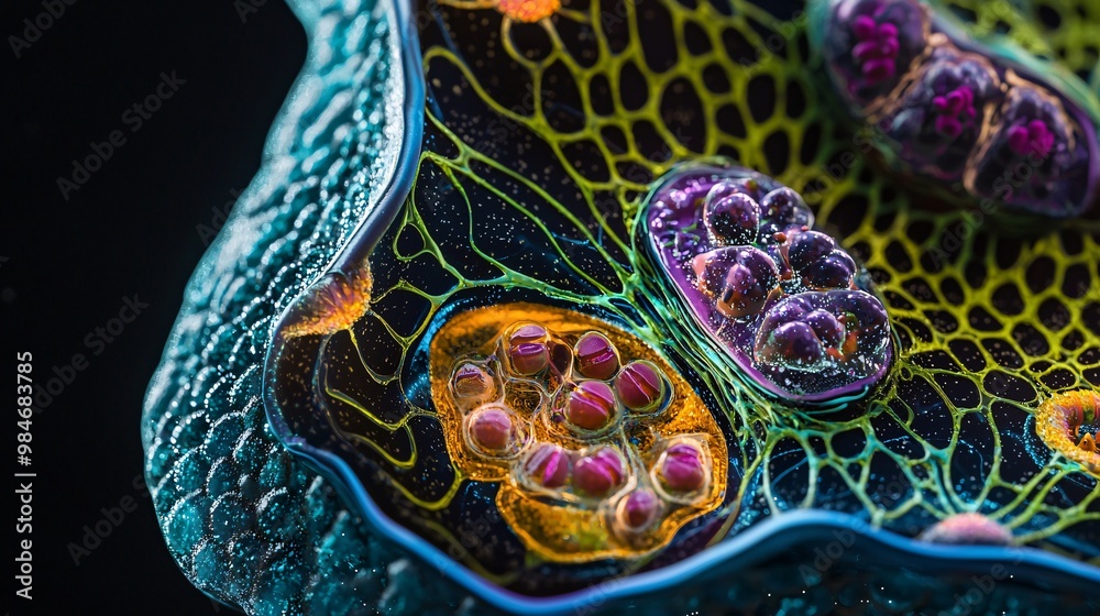 Cross-sectional view of a plant cell showing chloroplasts and ...