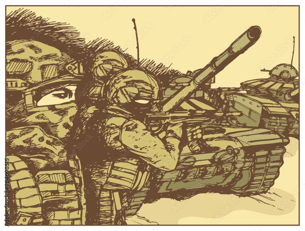 Combat actions, war. Fragment of a tank battle with the participation ...