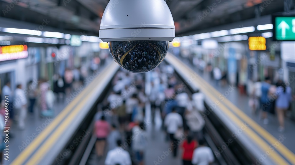Overhead view of a crowded train station, surveillance cameras ...