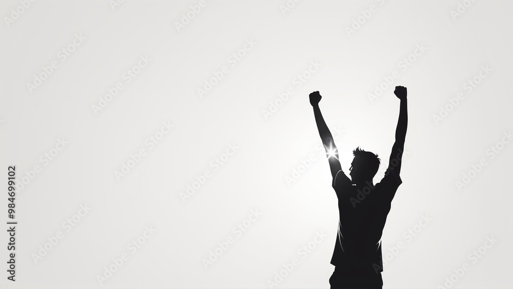 silhouette, victory pose, arms raised, triumphant, black and white ...