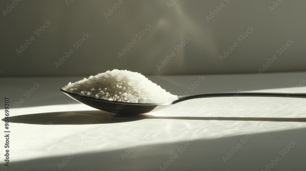 A single rice grain, perched precariously on the edge of a spoon ...