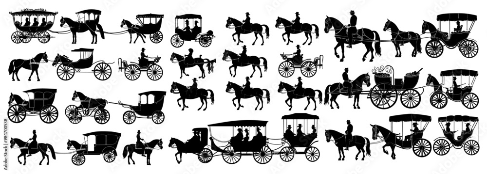 Antique and new horse-drawn carriage vector silhouette collection ...