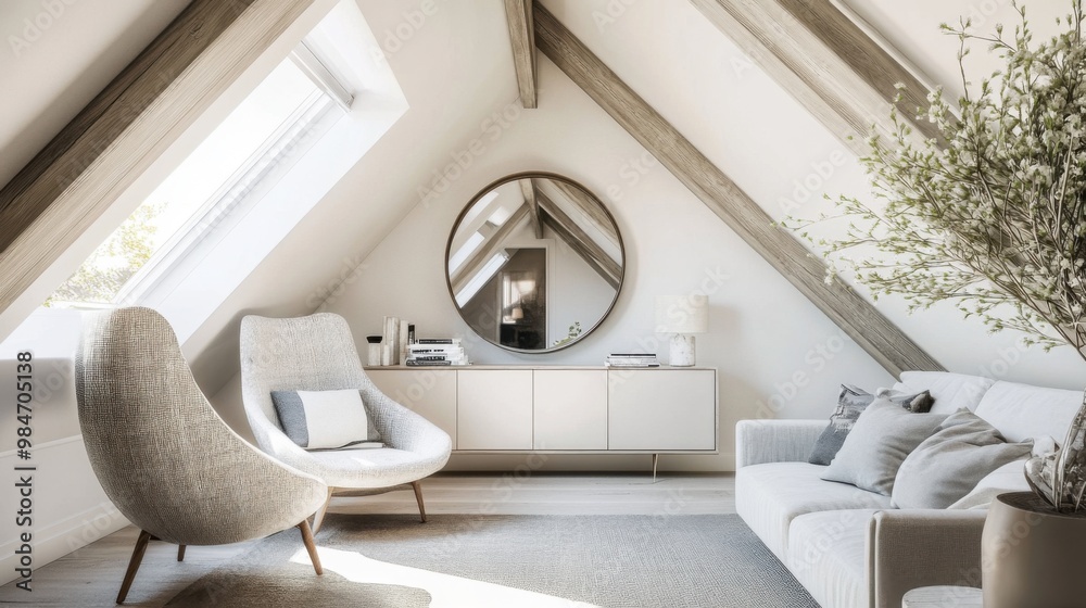 Scandinavian attic living space with sloped white walls and wooden ...