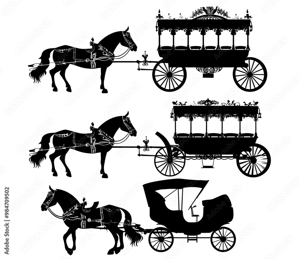 Vetor de Vintage horse drawn hearse carriage vector silhouette, horse ...