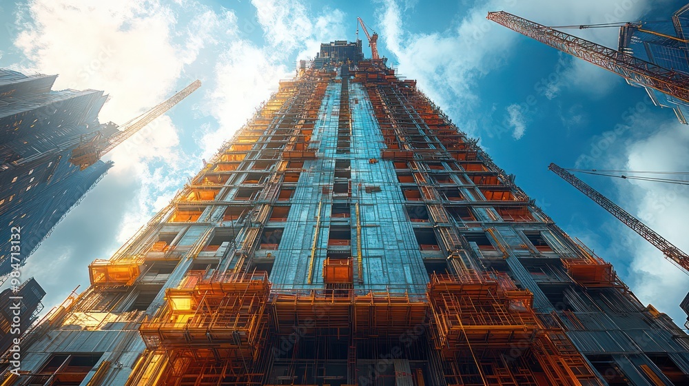 The construction of a massive skyscraper, cranes lifting steel beams ...