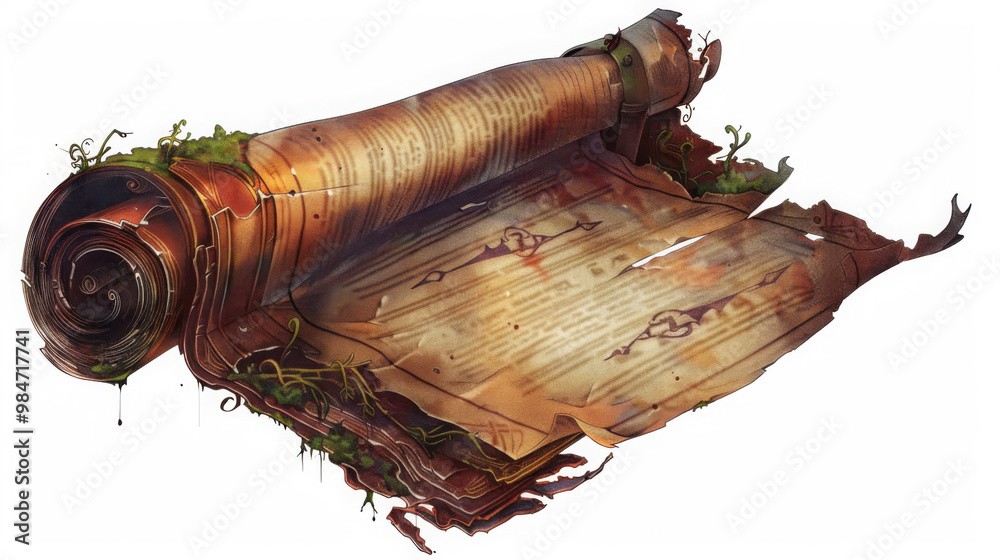 A piece of scroll open with a bit of decay on its sides on a ...