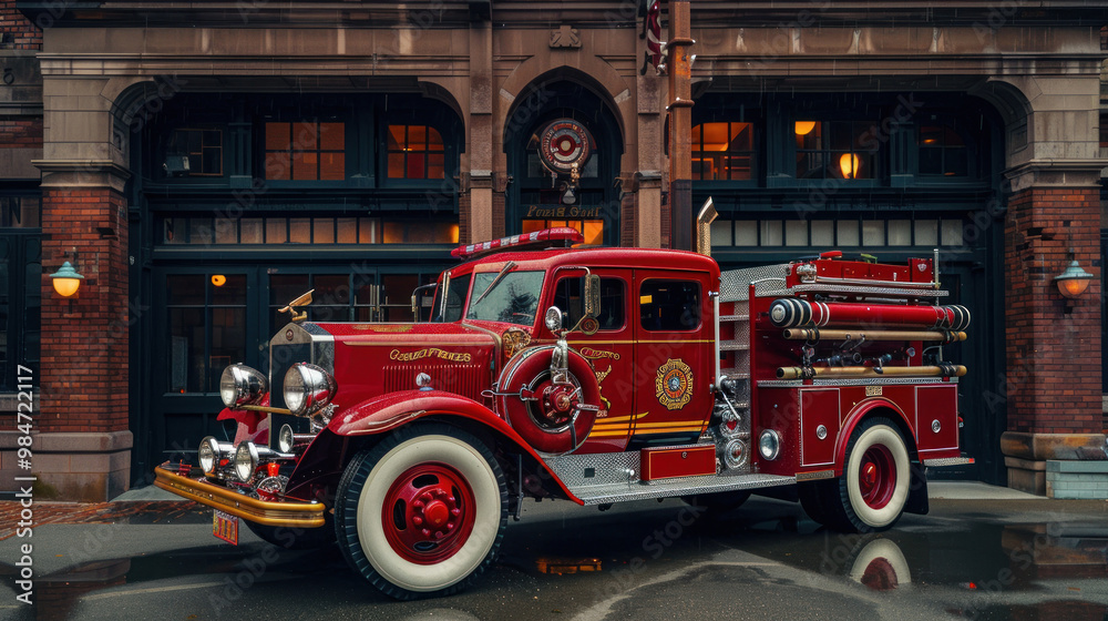 A vintage firetruck, fully restored with gleaming red paint and gold ...