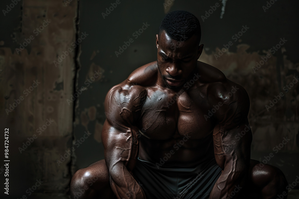Bodybuilder standing proudly next to a massive statue, displaying ...