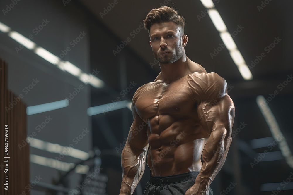 Male bodybuilder displaying muscular chest and stomach, bare-chested ...