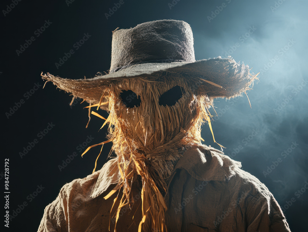 Eerie straw scarecrow costume with tattered clothes and wide brimmed ...
