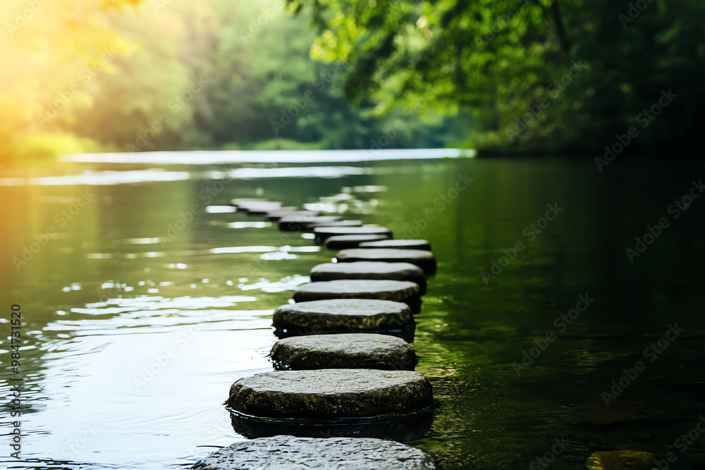 Roadmap laid out as stepping stones on a river, each stone representing ...