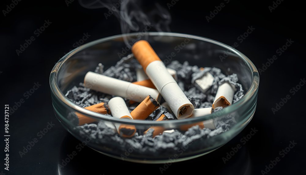 A filthy dirty smoking cigarette ash tray. smoking kills and ruins ...