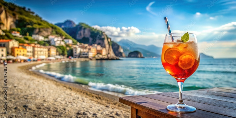 Watercolor of an Aperol Spritz cocktail on the beach in Amalfi, Italy ...