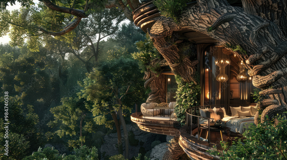 A luxury resort set inside a giant tree, with suites carved into the ...