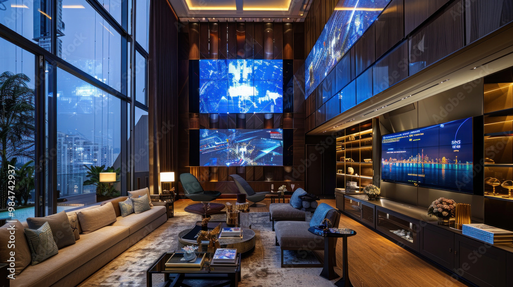 A luxury home where the walls are giant screens displaying live feeds ...