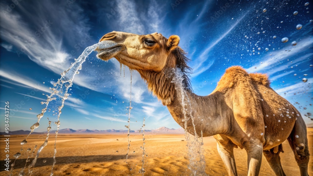 Camel enjoying an ice shower in the desert, camel, water, ice, shower ...
