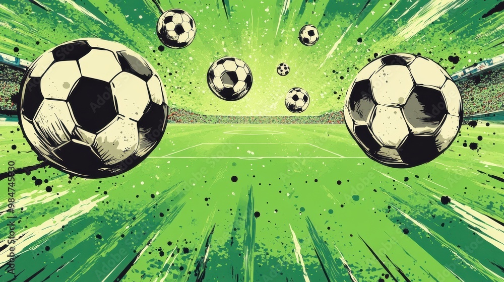 Dynamic soccer-themed comic-style illustration with multiple soccer ...