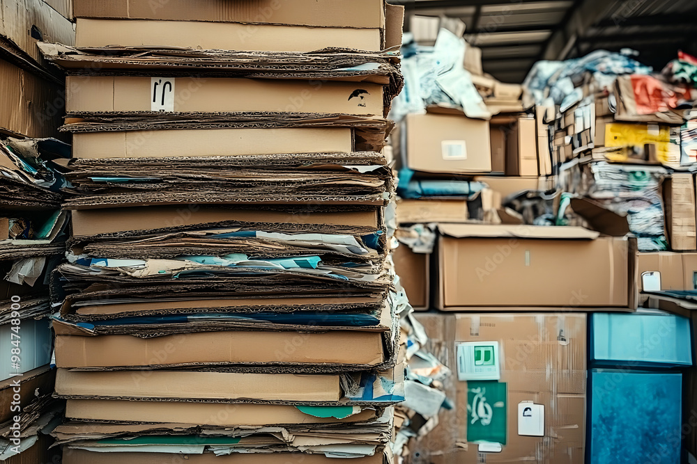 Stacked cardboard boxes and paper waste for reprocessing or upcycling ...
