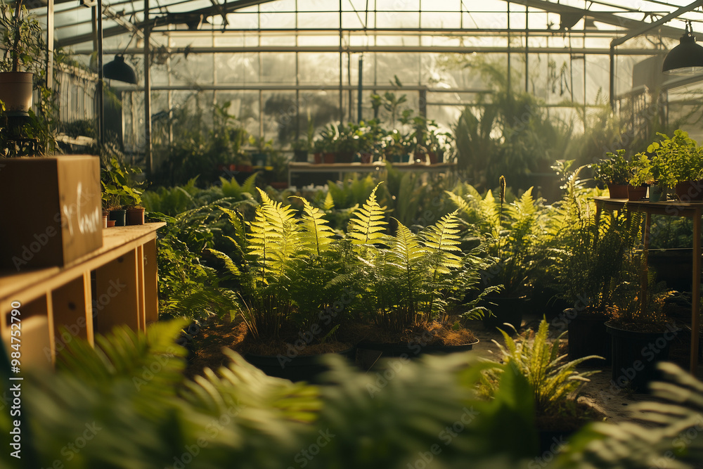 Green fiddlehead fern in greenhouse, Rainforest simulation greenhouse ...