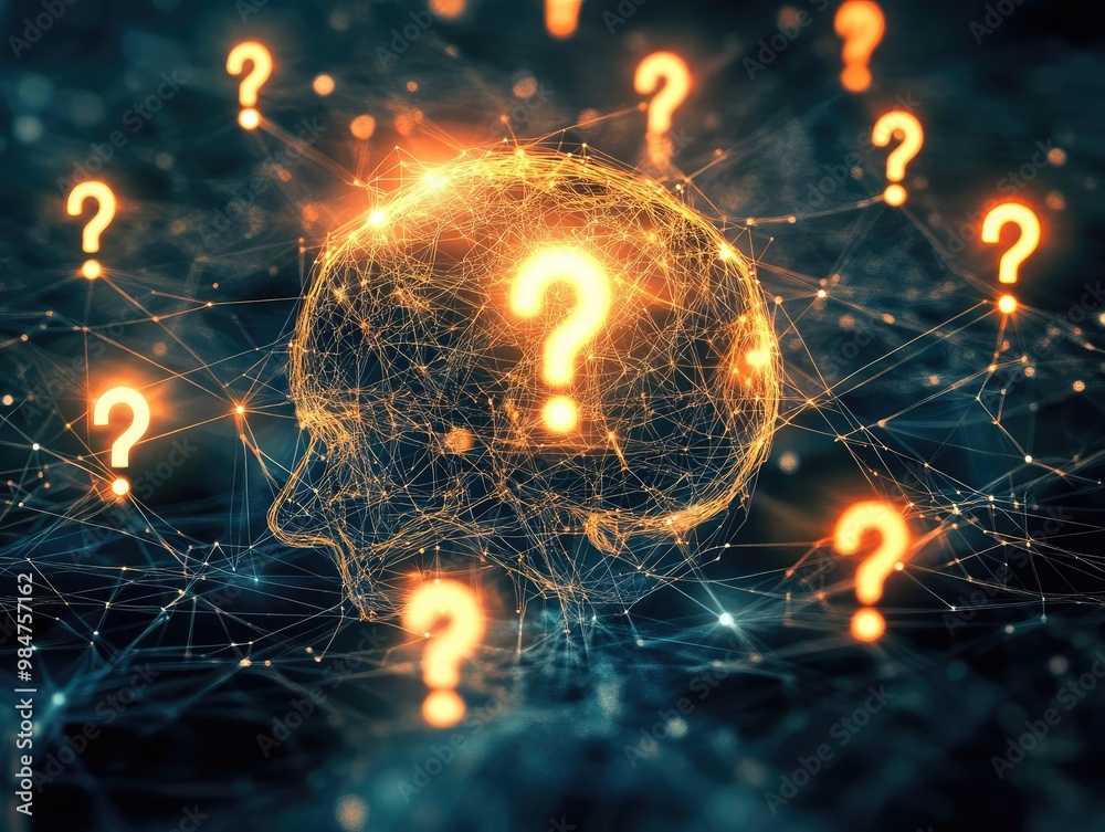 surreal mind map with glowing neural pathways connecting floating ...